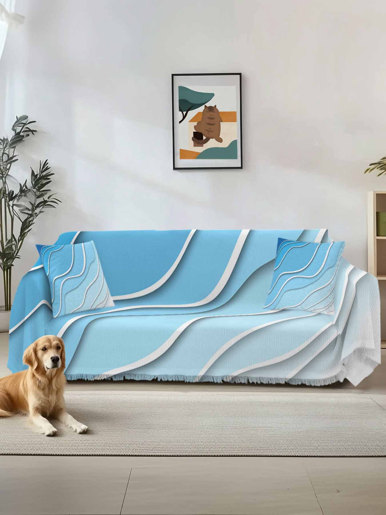 Blue Aqua Ombre Couch Cover for 2 Cushion Sofa, Modern Geometric ...