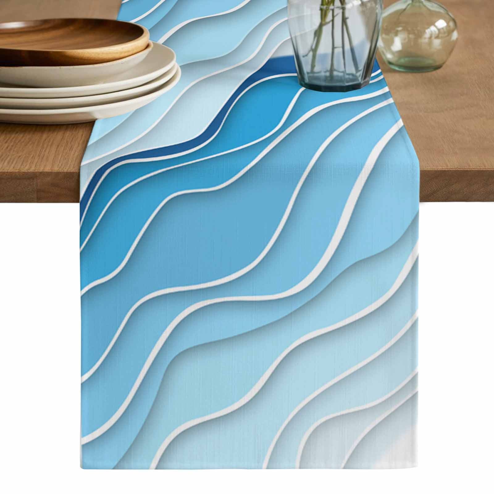 Blue Aqua Ombre Table Runner, Modern Geometric Abstract Aesthetic Cream ...