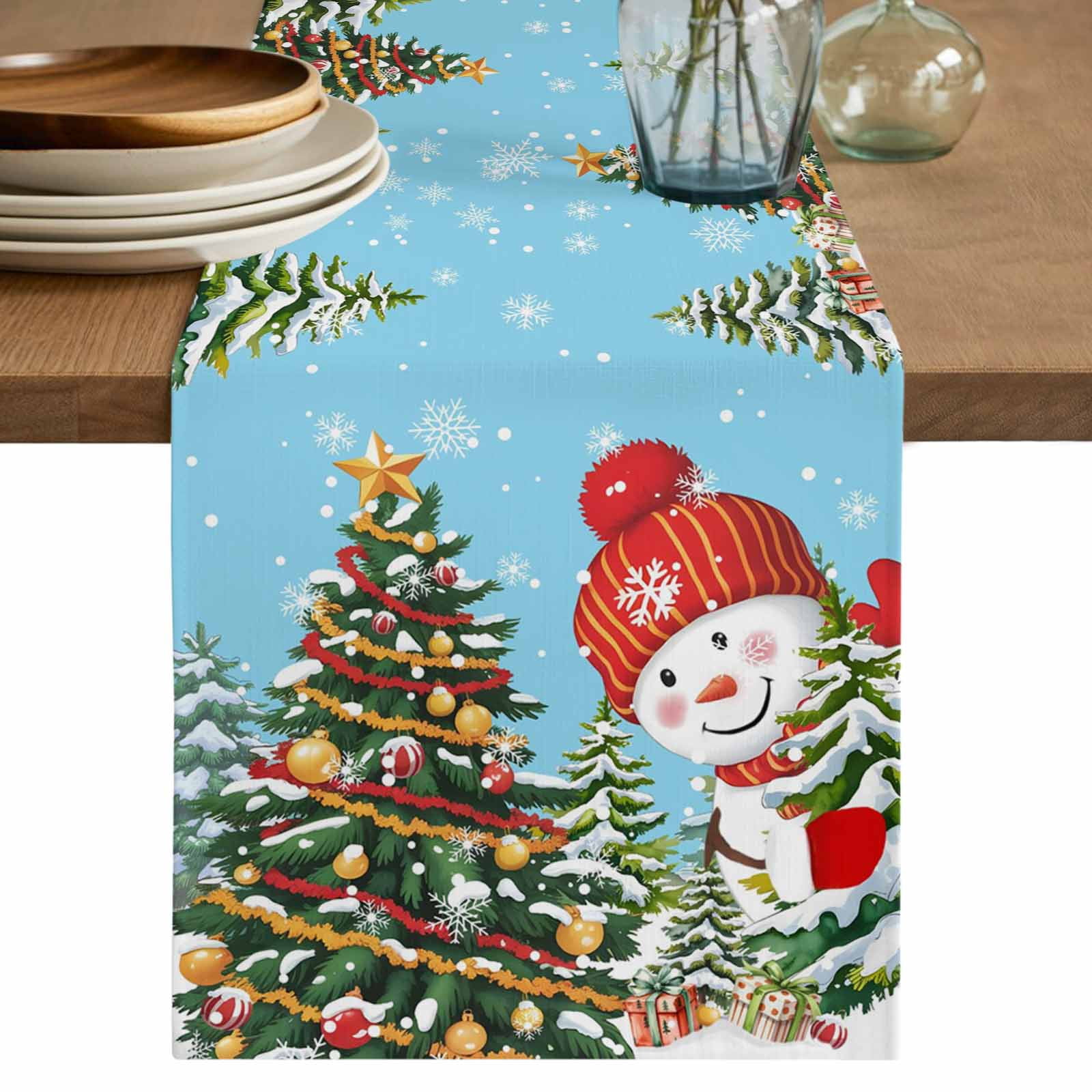 Blue Aqua Snowman Christmas Table Runner 72 Inches, Xmas Tree Snowflake ...