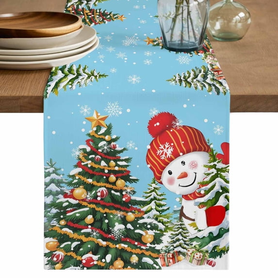Blue Aqua Snowman Christmas Table Runner 90 Inches, Xmas Tree Snowflake ...