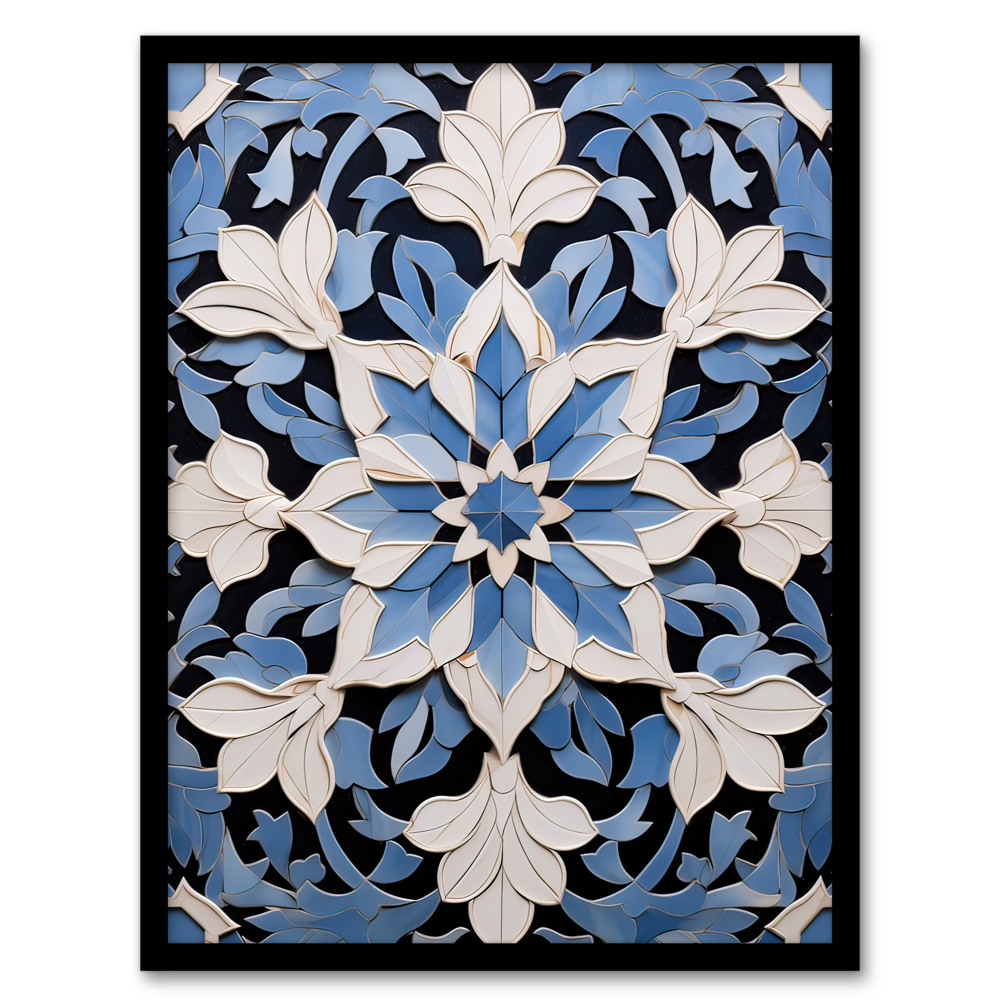 Blue Arabesque Flower Design Ornate Symmetrical Floral Pattern Art ...