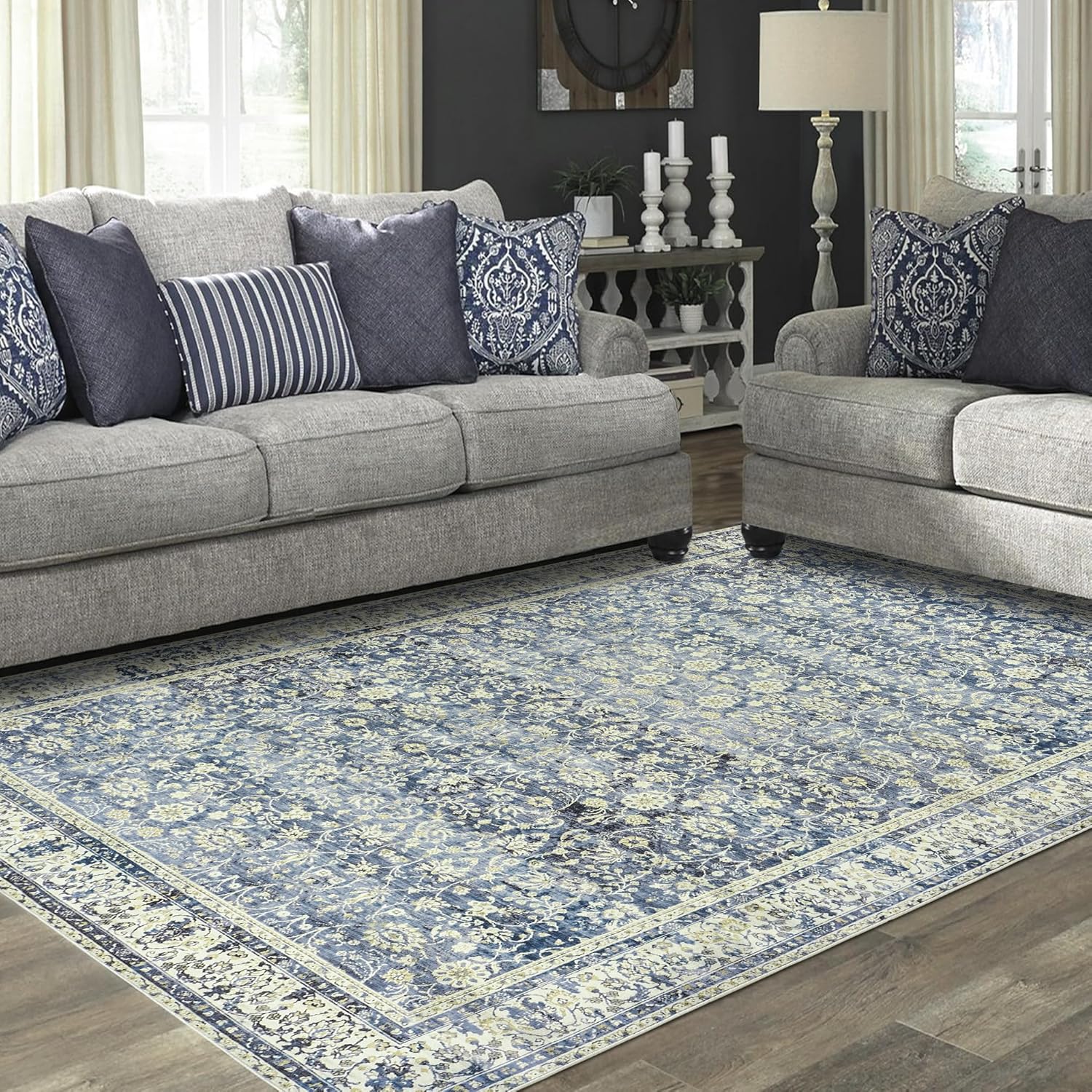 Blue Area Rug for Living Room 8x10 Washable Vintage Farmhouse Big Large ...