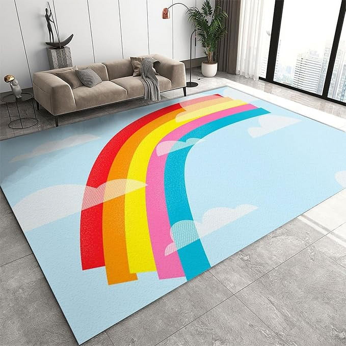 Blue Area Rug, Watercolor Rainbow Stripes Indoor Kids Rugs, Easy Care ...