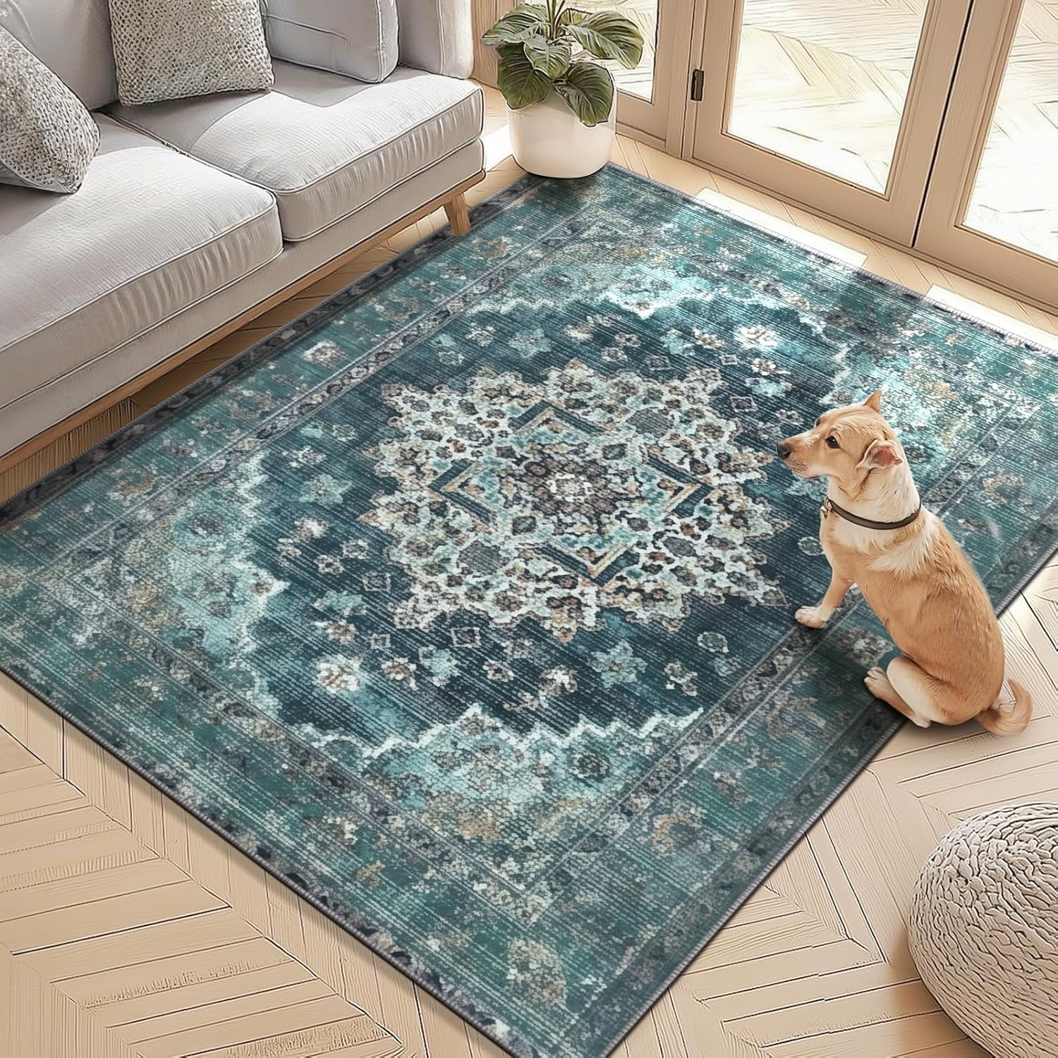 Blue Area Rugs 3x5 Feet for Bedroom Living Room, Low Pile Print Rug Non ...