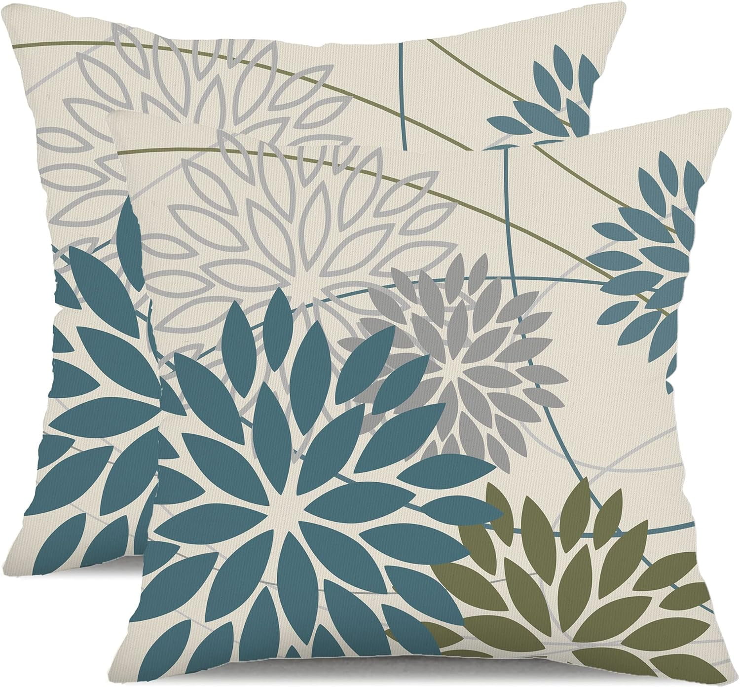 Blue Army Green Outdoor Pillow Covers Set of 2 16X16 Inch Teal Floral ...