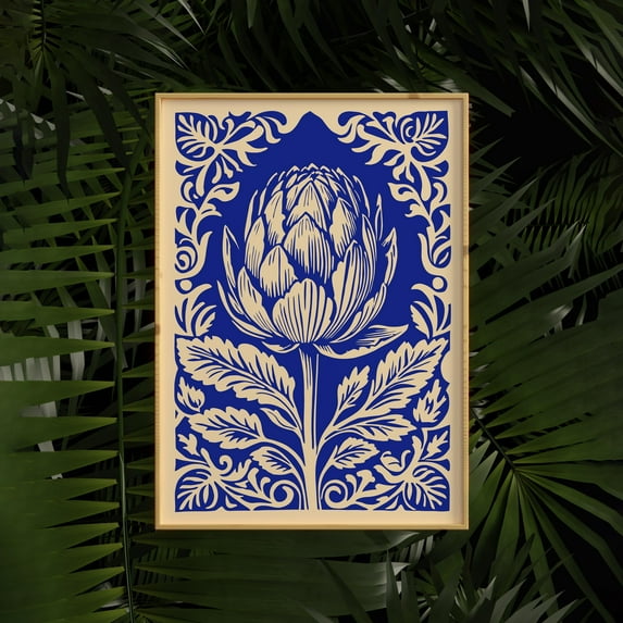 Blue Artichoke Floral Print: Retro Botanical Rococo Wall Art UNFRAMED ...
