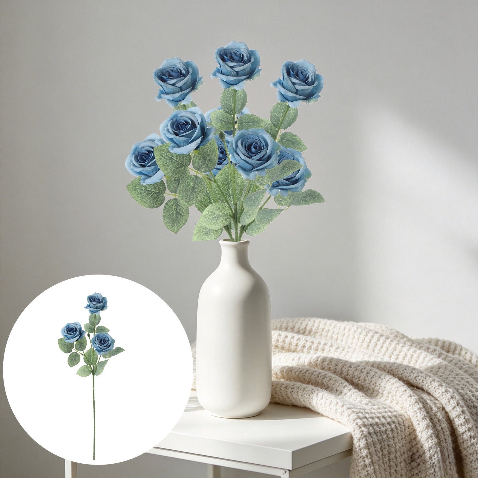 Blue Artificial 3 Heads Rose Fake Flower 22.8 Inch Plastic Decorative ...