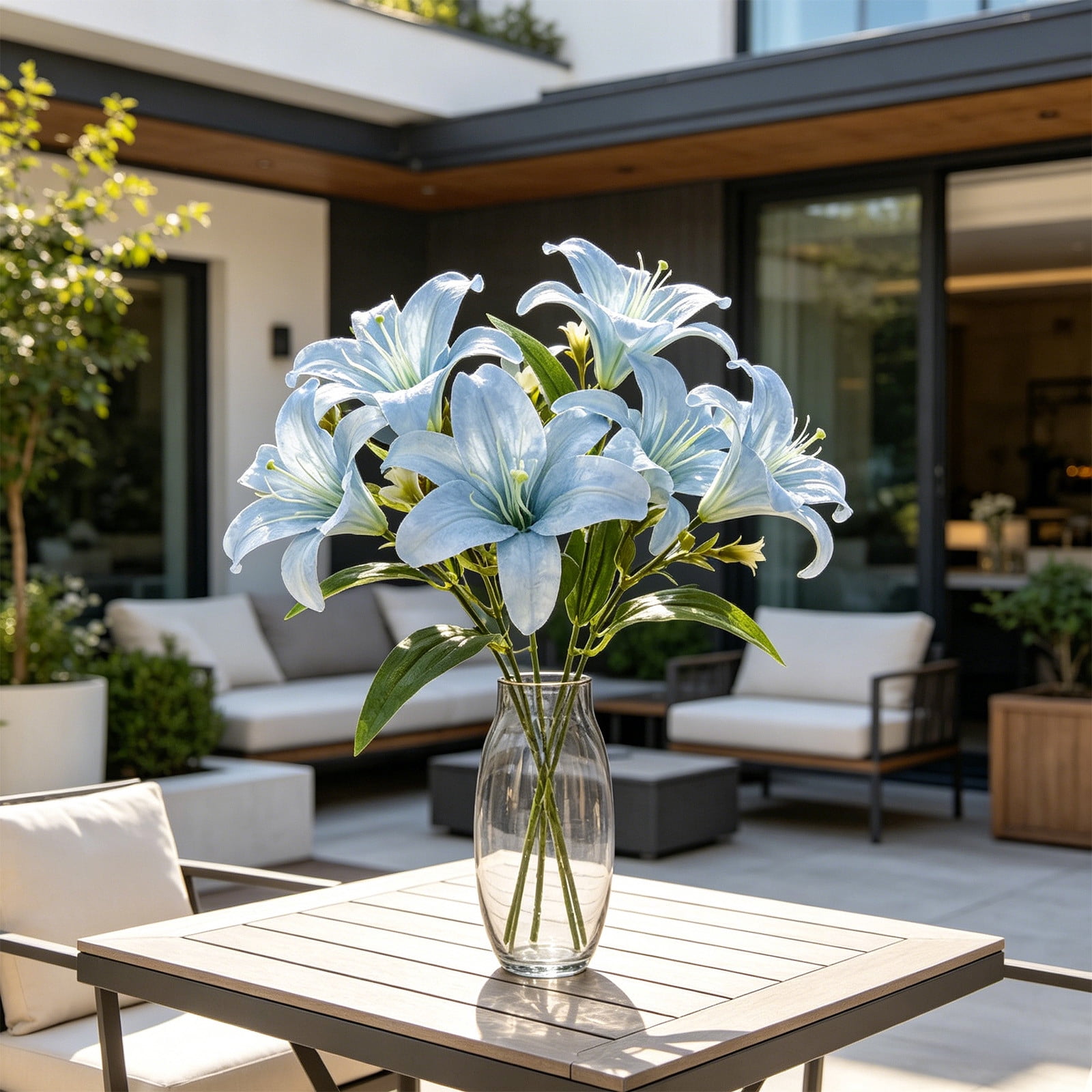 Blue Artificial Lily & Baby's Breath Bouquet Plastic Faux Flowers Hand ...
