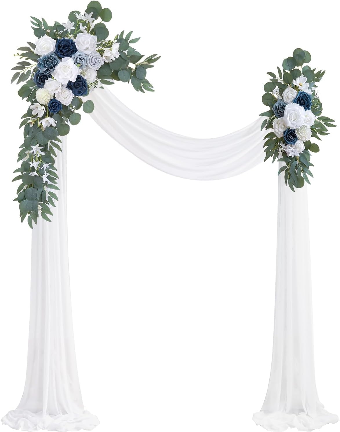 Blue Artificial Wedding Arch Flowers Kit (Pack of 3) with 26Ft White Shiny Arch Draping Fabric ...