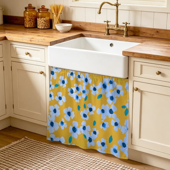 Blue Artwork Floral Cabinet Curtains 35"W x 35"L, Abstract Art ...