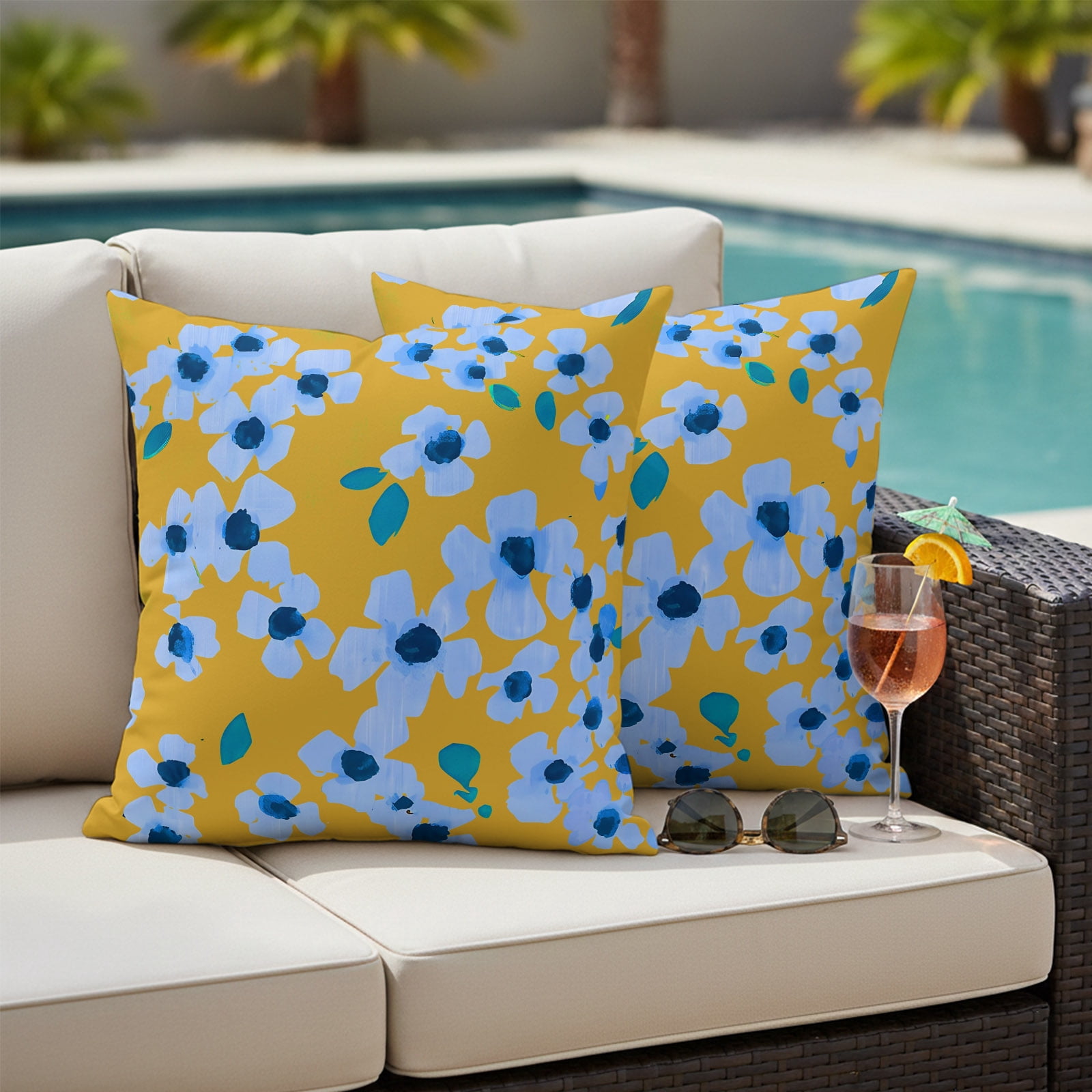 Blue Artwork Floral Outdoor Pillow Covers 16x16 Inch Throw Pillow ...