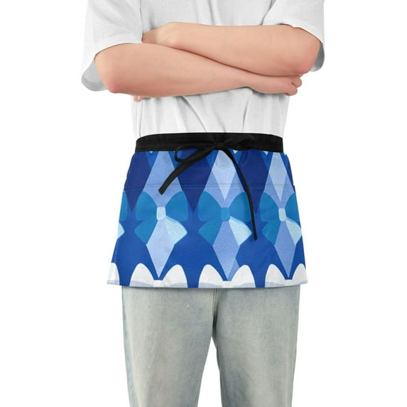 Blue Astract Pattern with Bows Short Server Apron with 3 Pockets for ...