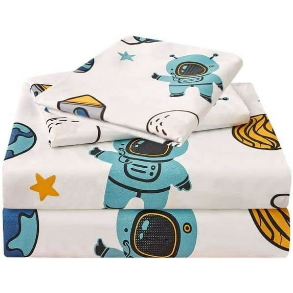 Blue Astronaut Kids Sheet Set Twin Size, 3 Piece Space Rocket Printed ...