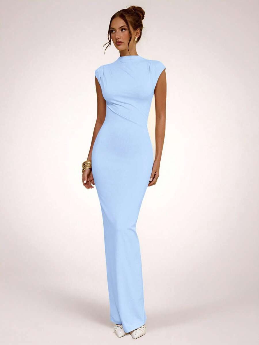 Blue Asymmetric Ruched Bodycon Maxi Dress, Elegant Minimalist Long ...