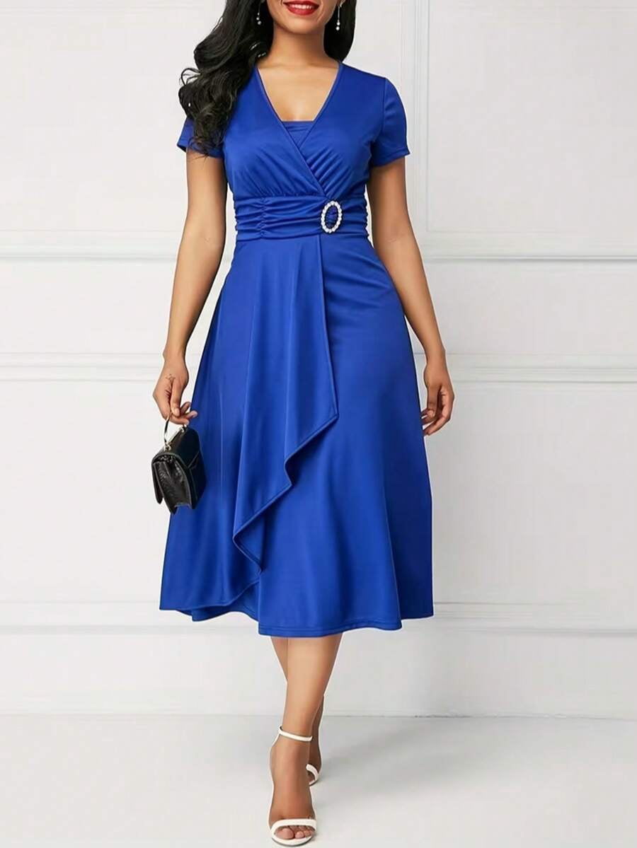 Blue Asymmetric Wrap Midi Dress With V-Neck, Ruched Waist And ...