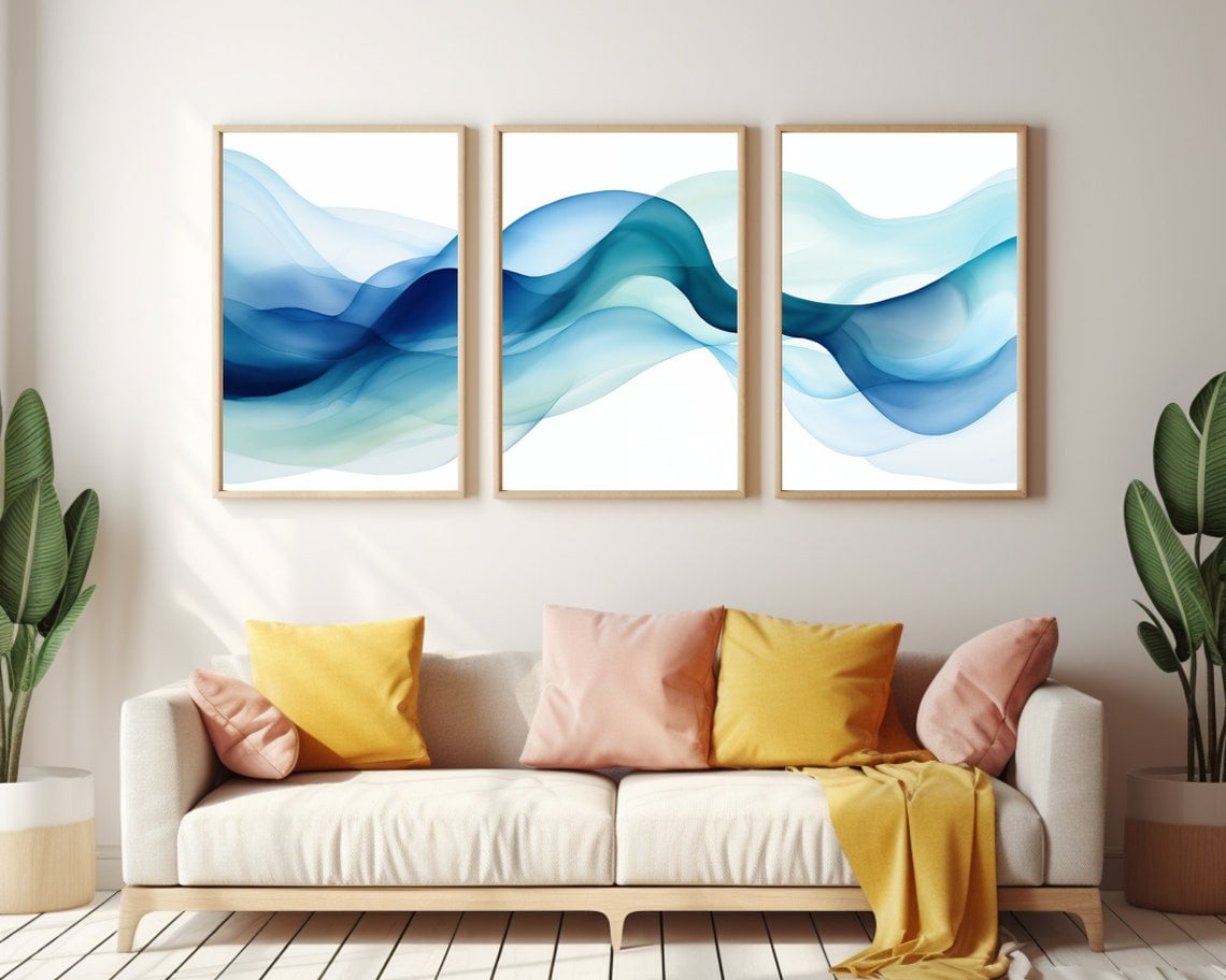 Blue Aura Wave Wall Art Minimalist Ocean Decor Modern Nature ...