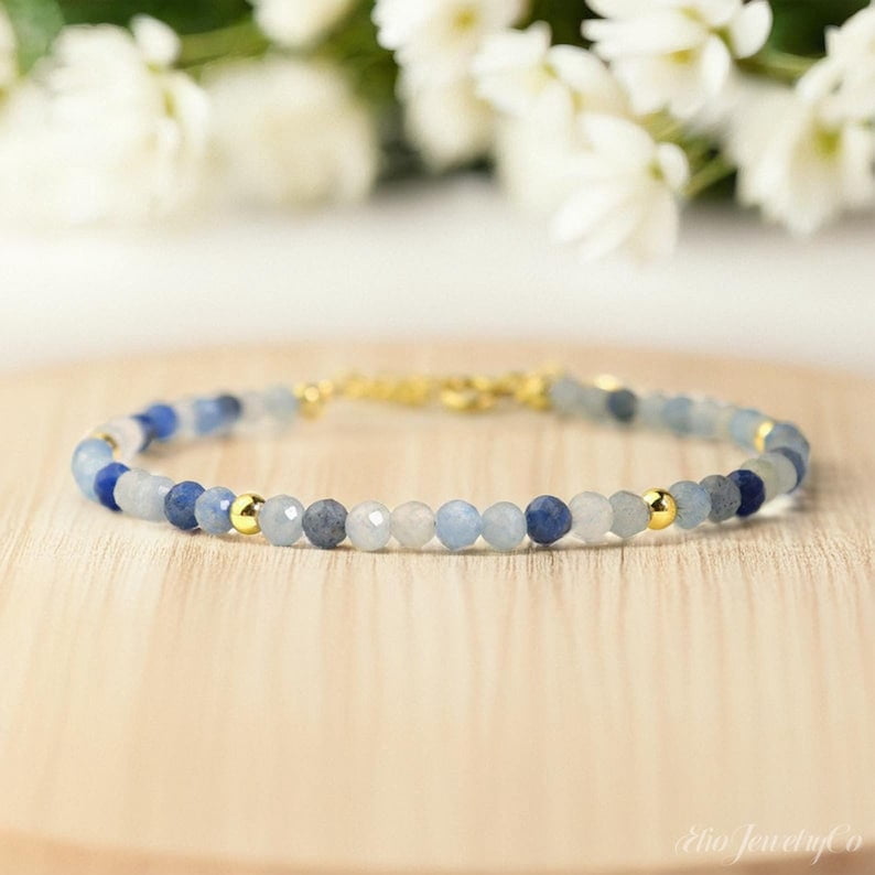 Blue Aventurine 3.5mm Round Shape Faceted Cut Beads 7 inch Gold Plated ...