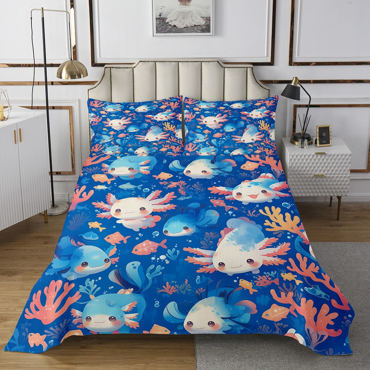 Blue Axolotl Bedspread Set Cartoon Axolotl Quilt Set,Underwater World ...