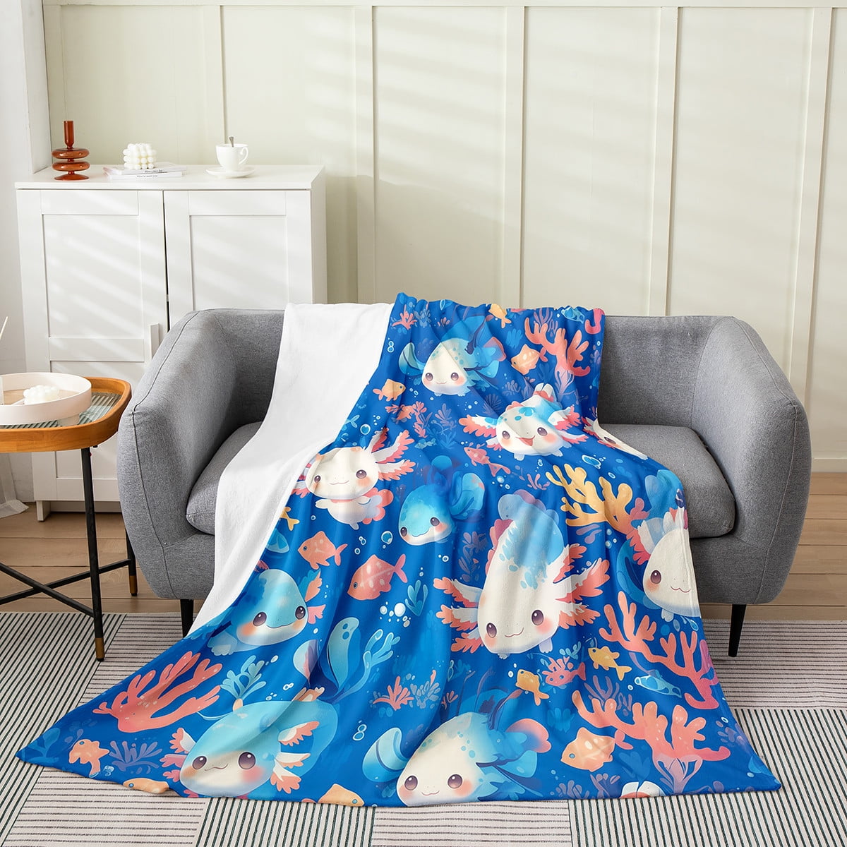 Blue Axolotl Blanket Twin 60x80,Cartoon Animal Throw Blanket,Underwater ...