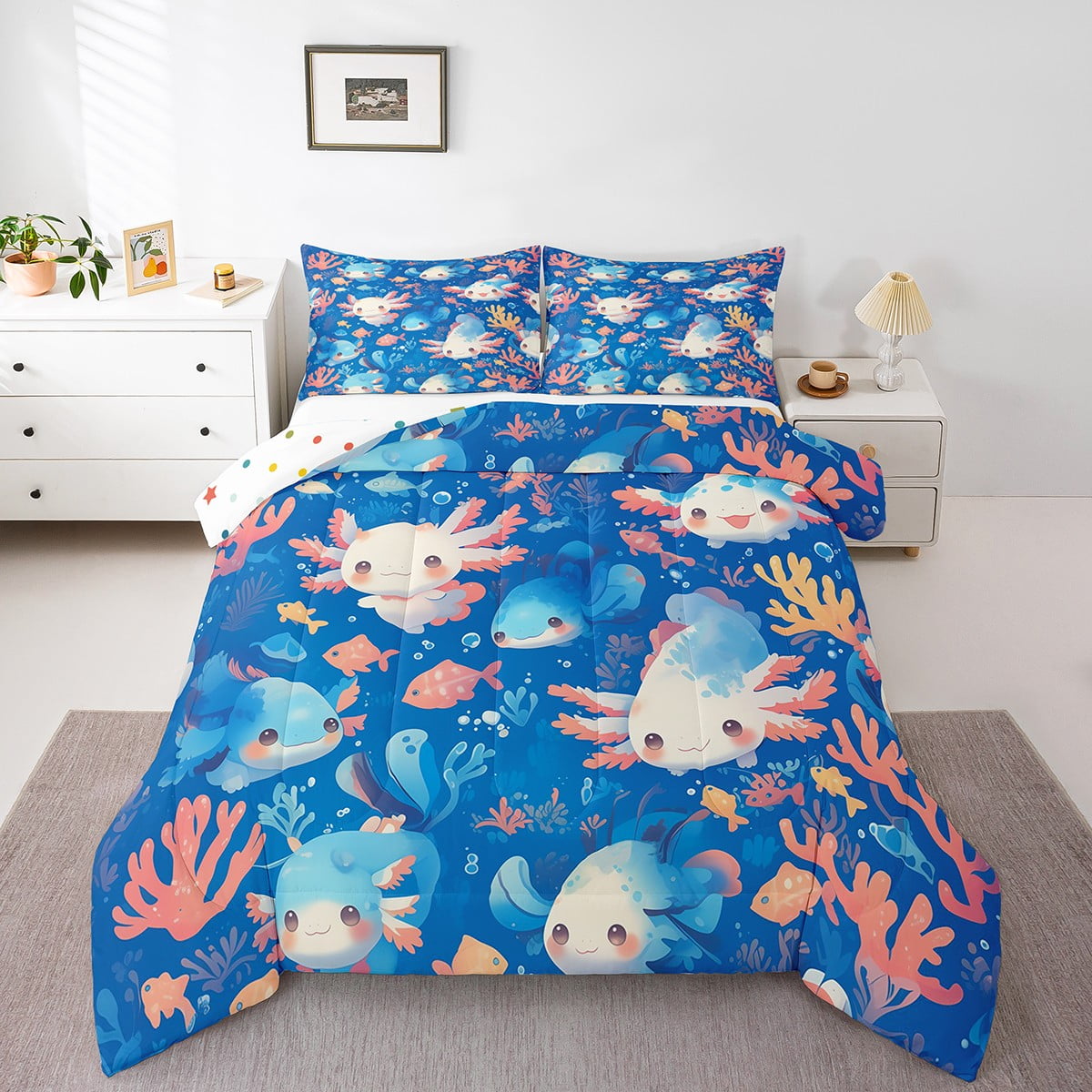 Blue Axolotl Comforter Set Cartoon Axolotl Bedding Set,Underwater World ...