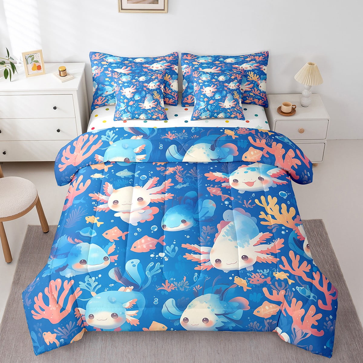 Blue Axolotl Queen Comforter Set Cartoon Axolotl 7-Piece Bedding Set ...