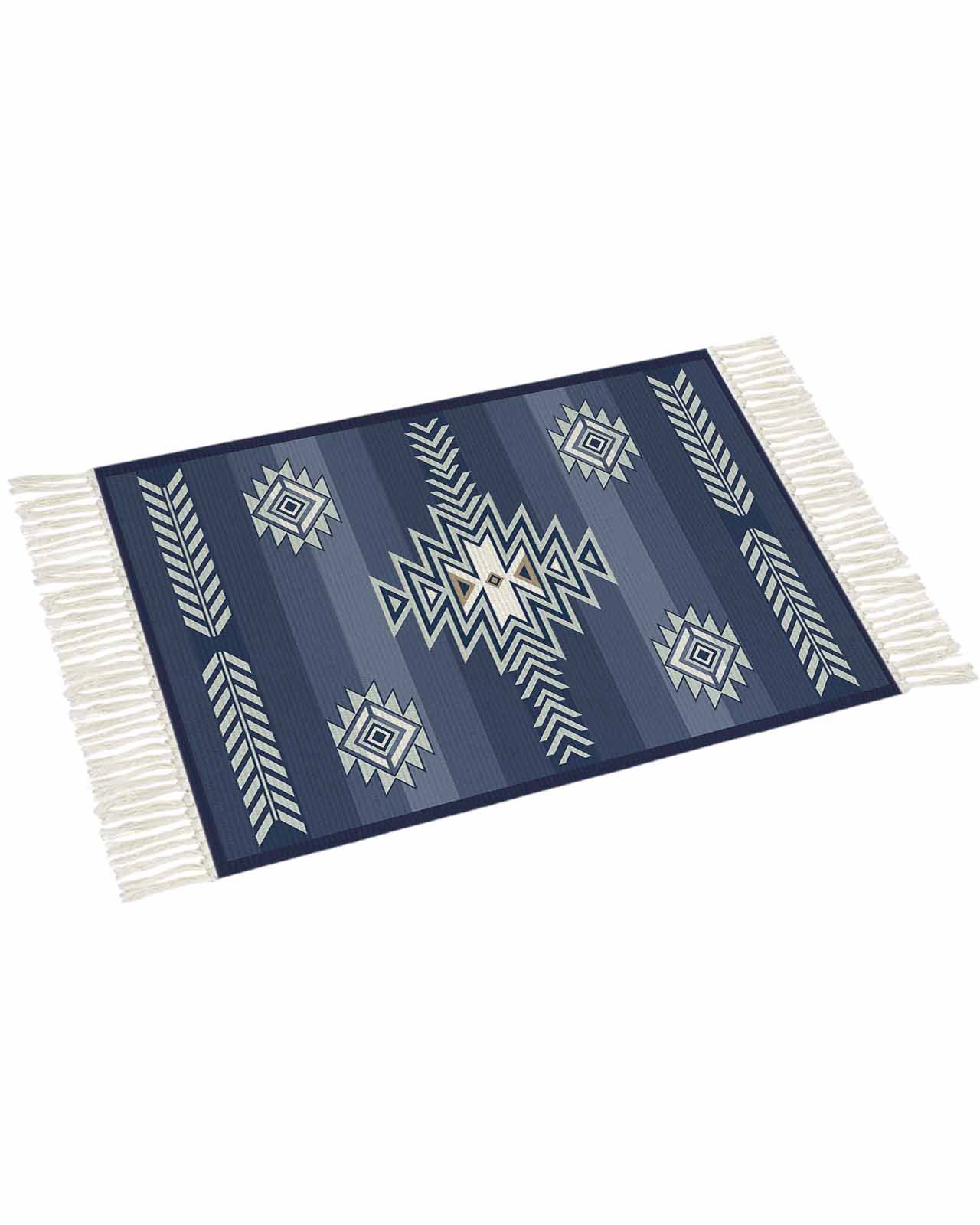 Blue Aztec Bathroom Rug 2'x3', Woven Cotton Area Rug Washable Front ...