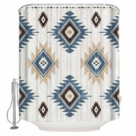 Blue Aztec Bathroom Shower Curtains with 12 Hooks Polyester Waterproof ...