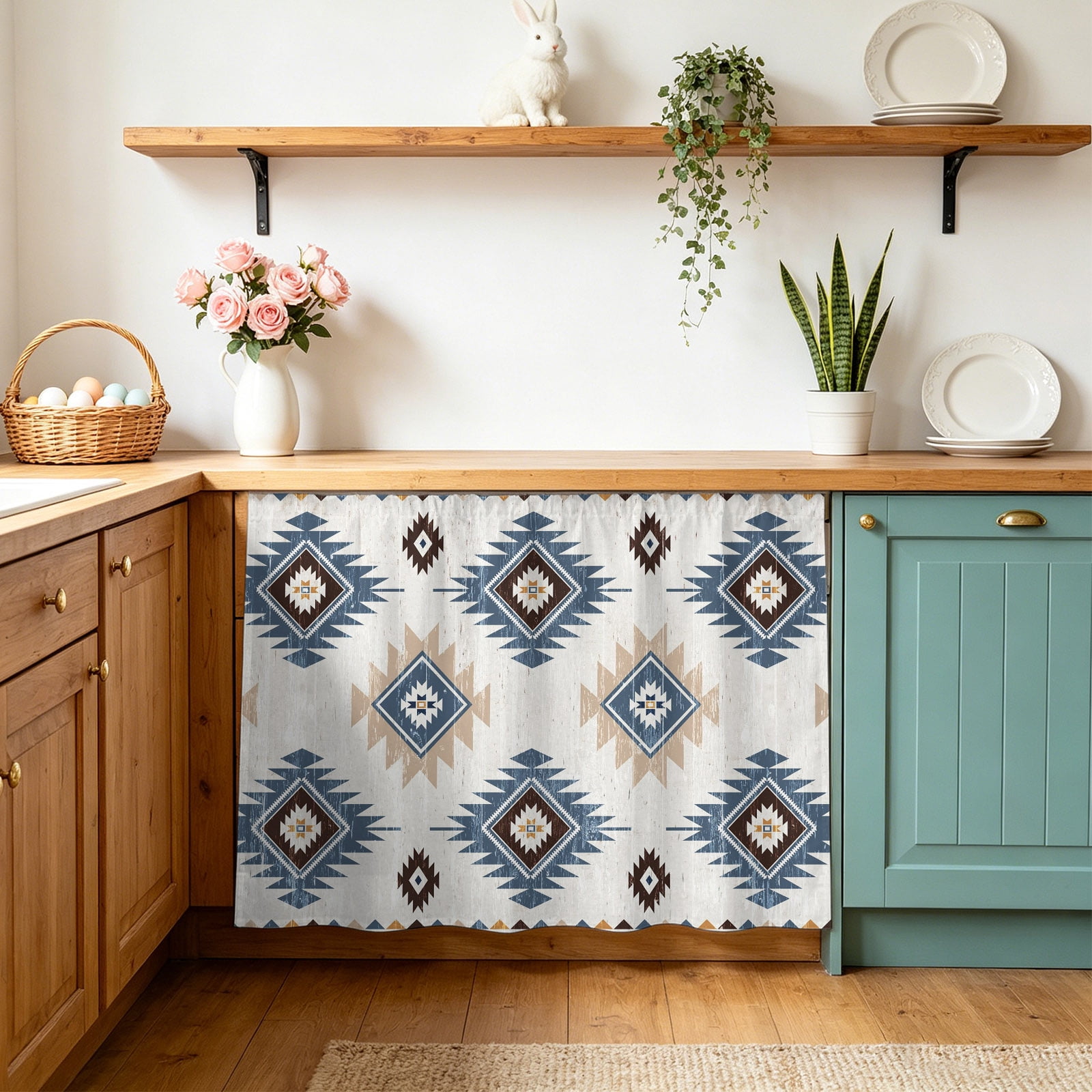 Blue Aztec Cabinet Curtain 28"Wx35"L,Dustproof Under Sink Skirt with ...