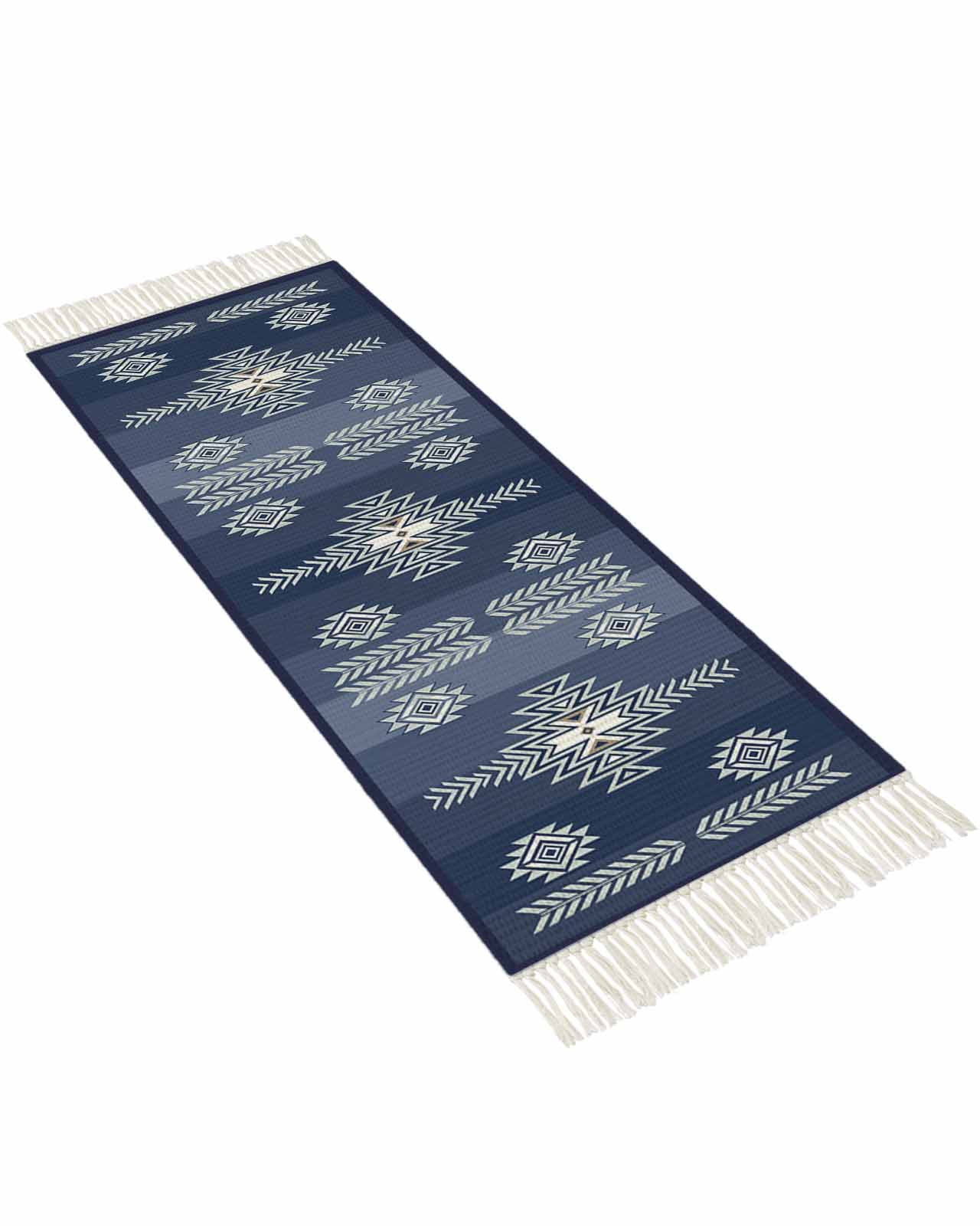 Blue Aztec Kitchen Runner Rug 2'x4', Washable Woven Cotton Area Rug ...