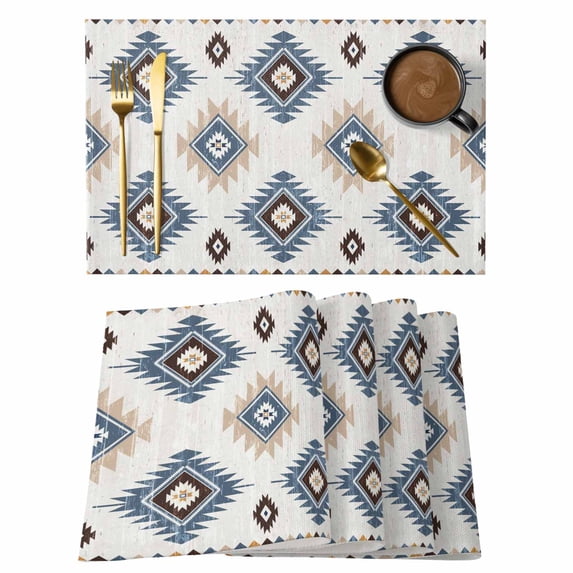 Blue Aztec Placemats Set of 2, Cotton Linen Fabric Place Mats ...