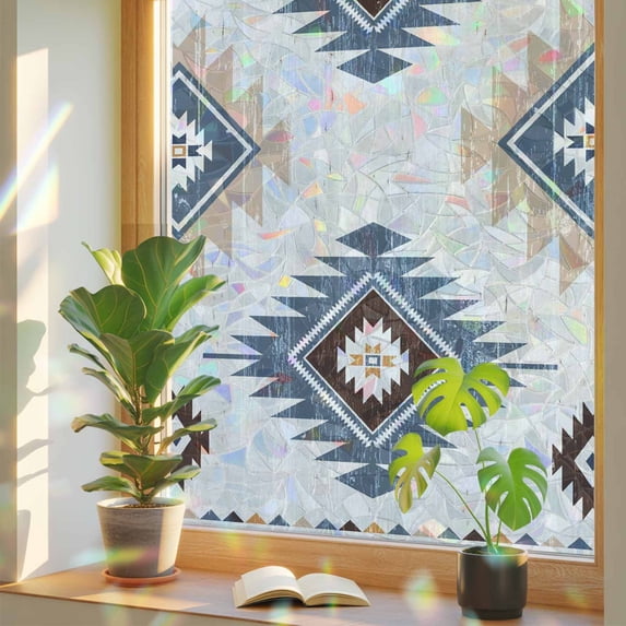 Blue Aztec Privacy Window Film, Decorative Stained Glass Window Film ...