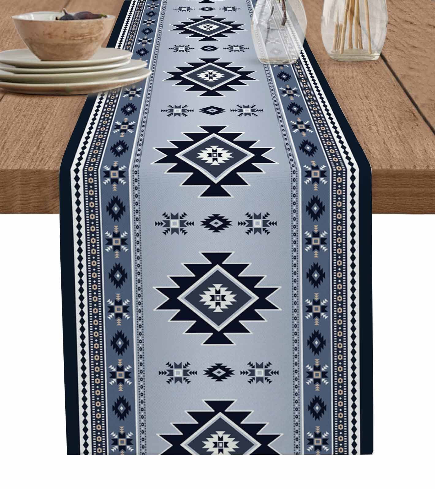 Blue Aztec Table Runner 72 Inches, Boho Southwest Farmhouse Ethnic ...