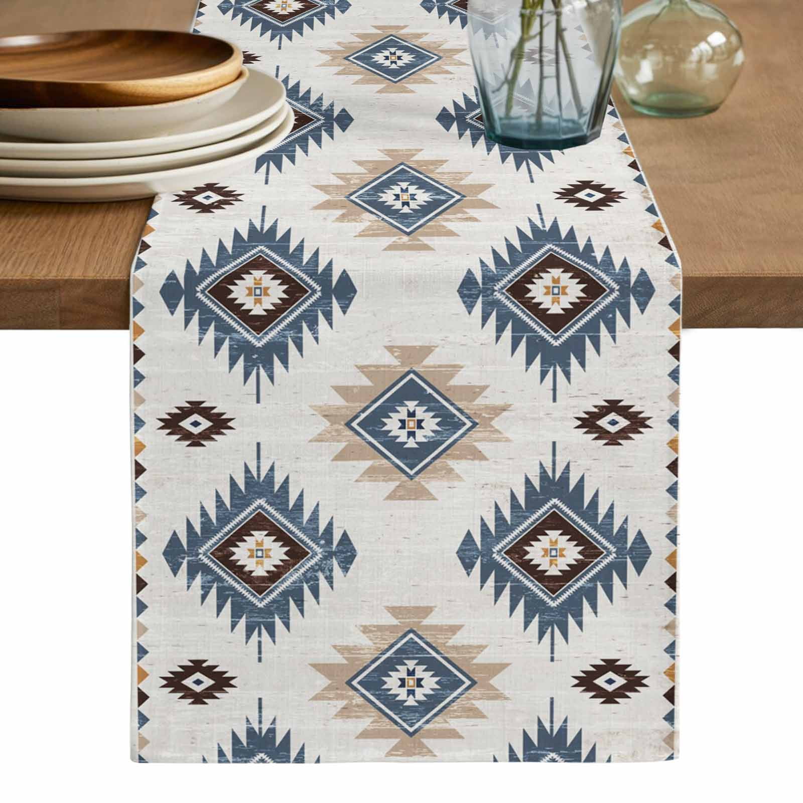 Blue Aztec Table Runner, Southwest Boho Tribe Abstract Geometric Art ...