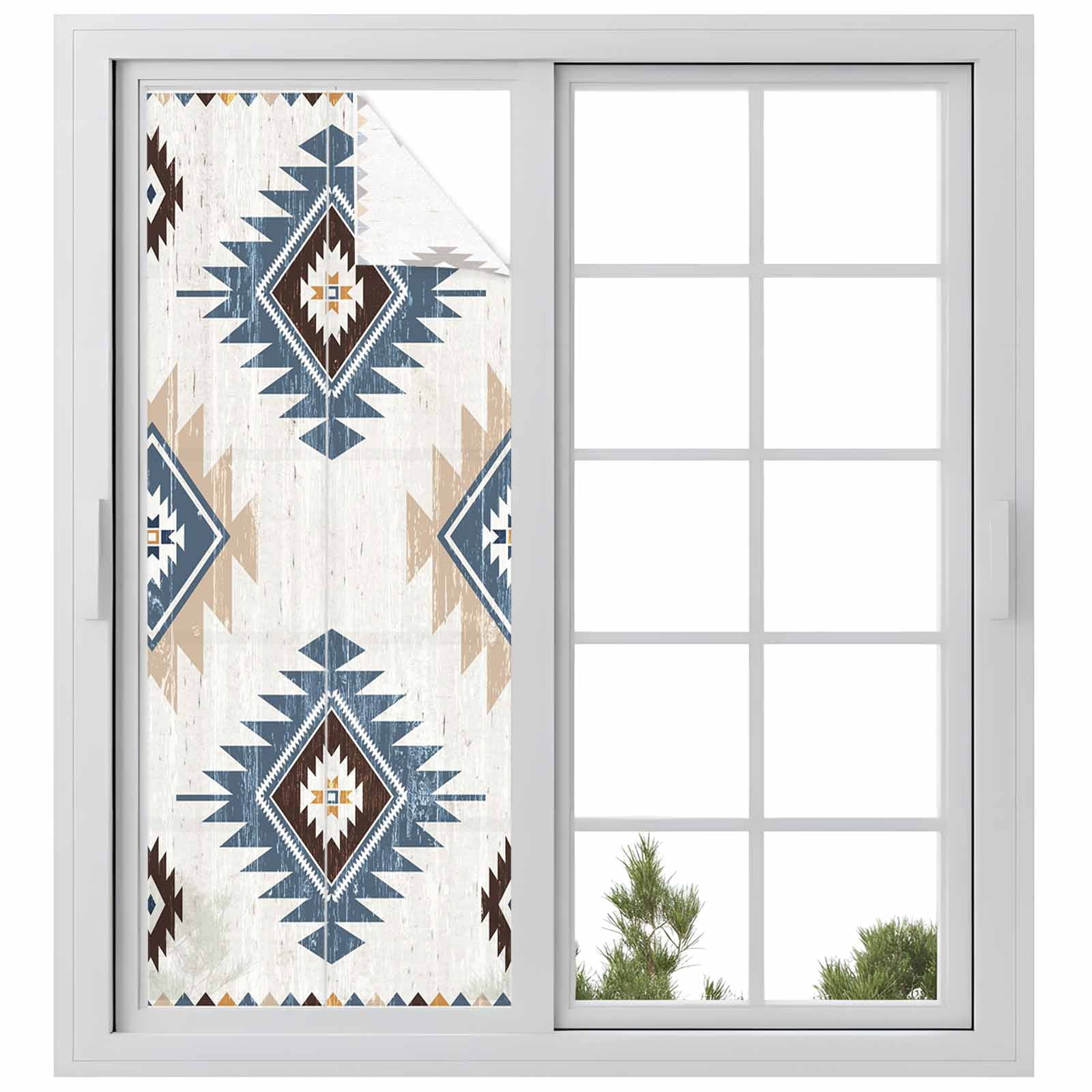 Blue Aztec Window Privacy Film, Southwest Boho Tribe Abstract Geometric ...