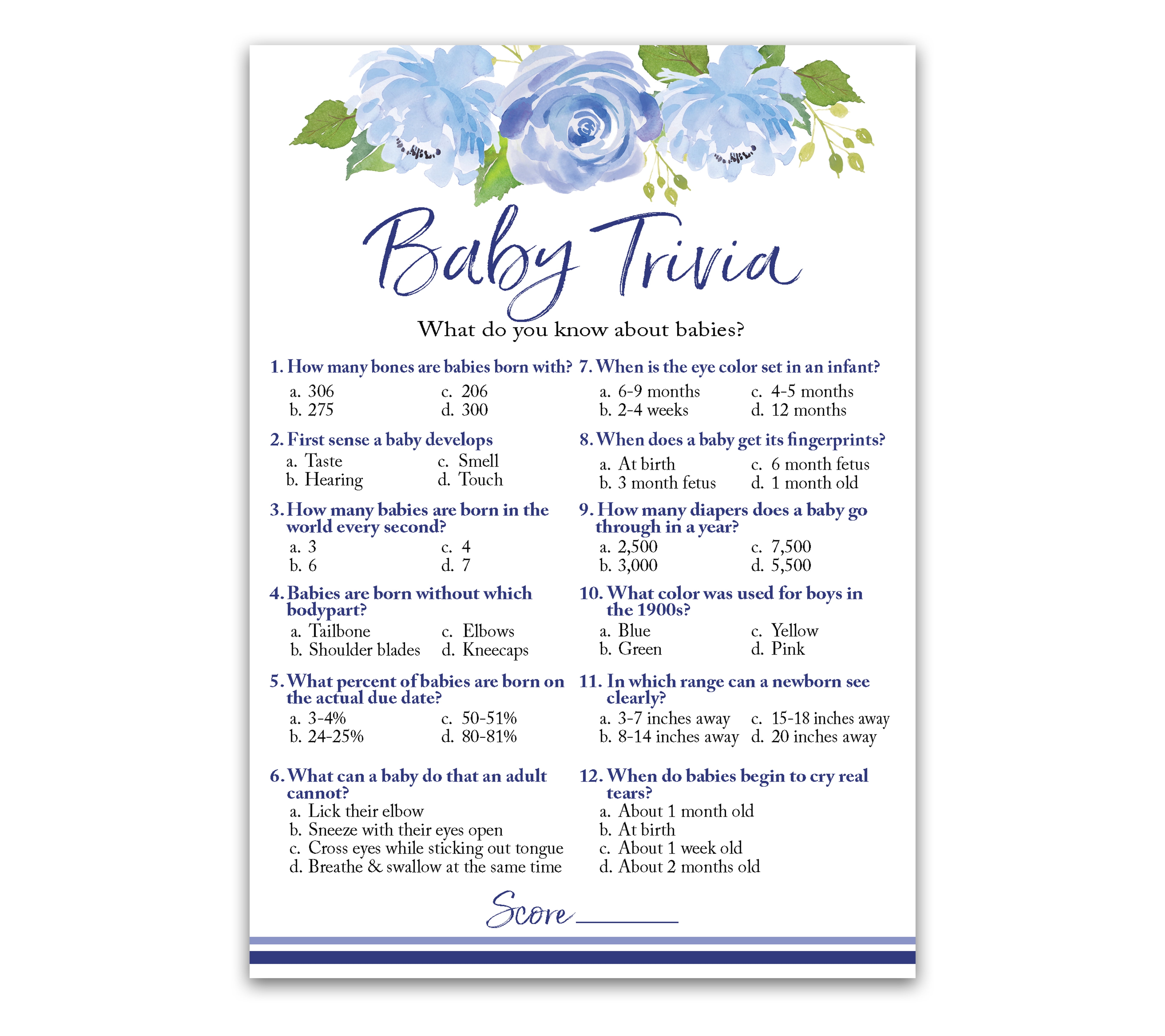 Blue BABY TRIVIA Game — FLORAL Baby Shower Games — Pack of 25 — Fun ...