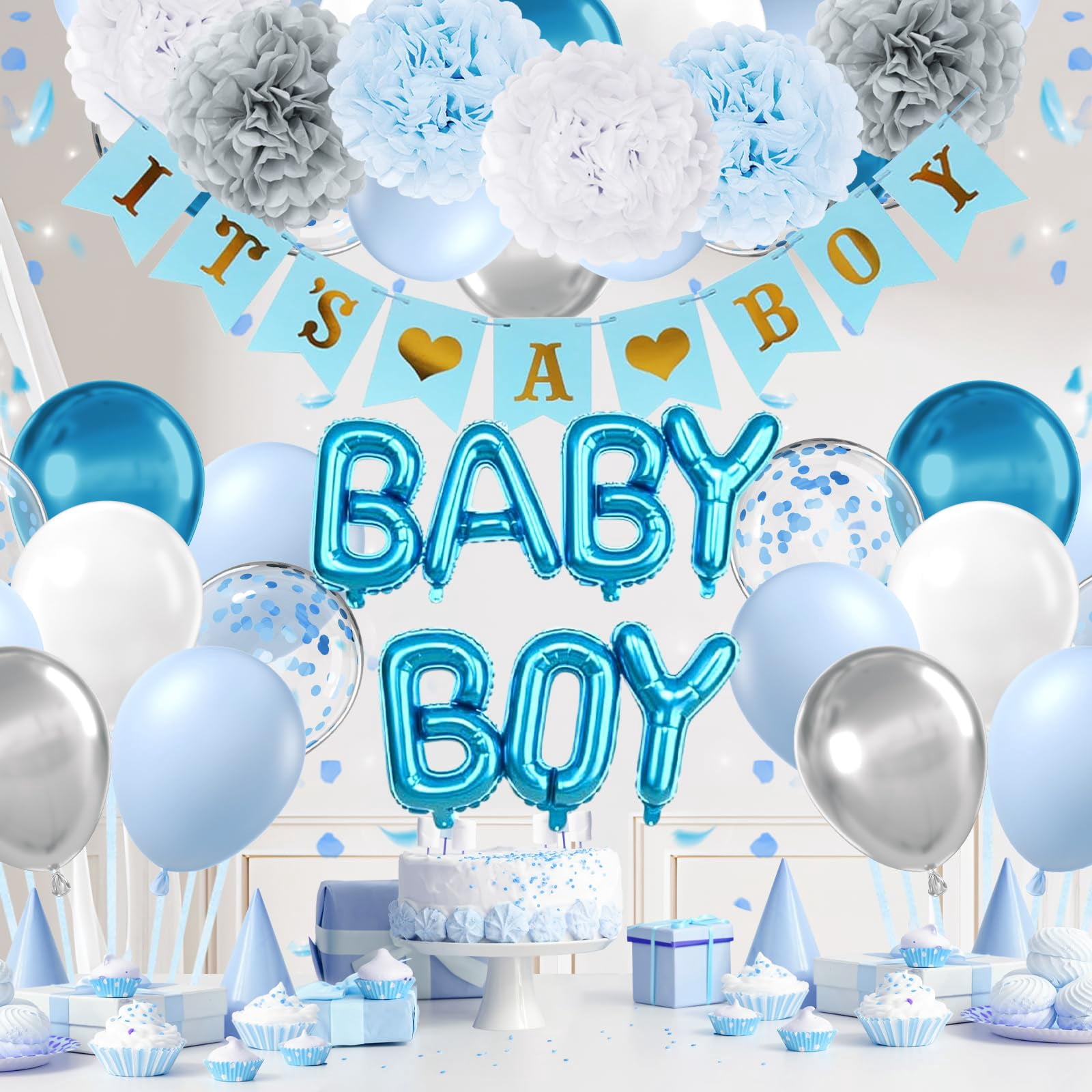 Blue Baby Decorations with Grey Paper Pom Poms, Metallic Silver & Light ...