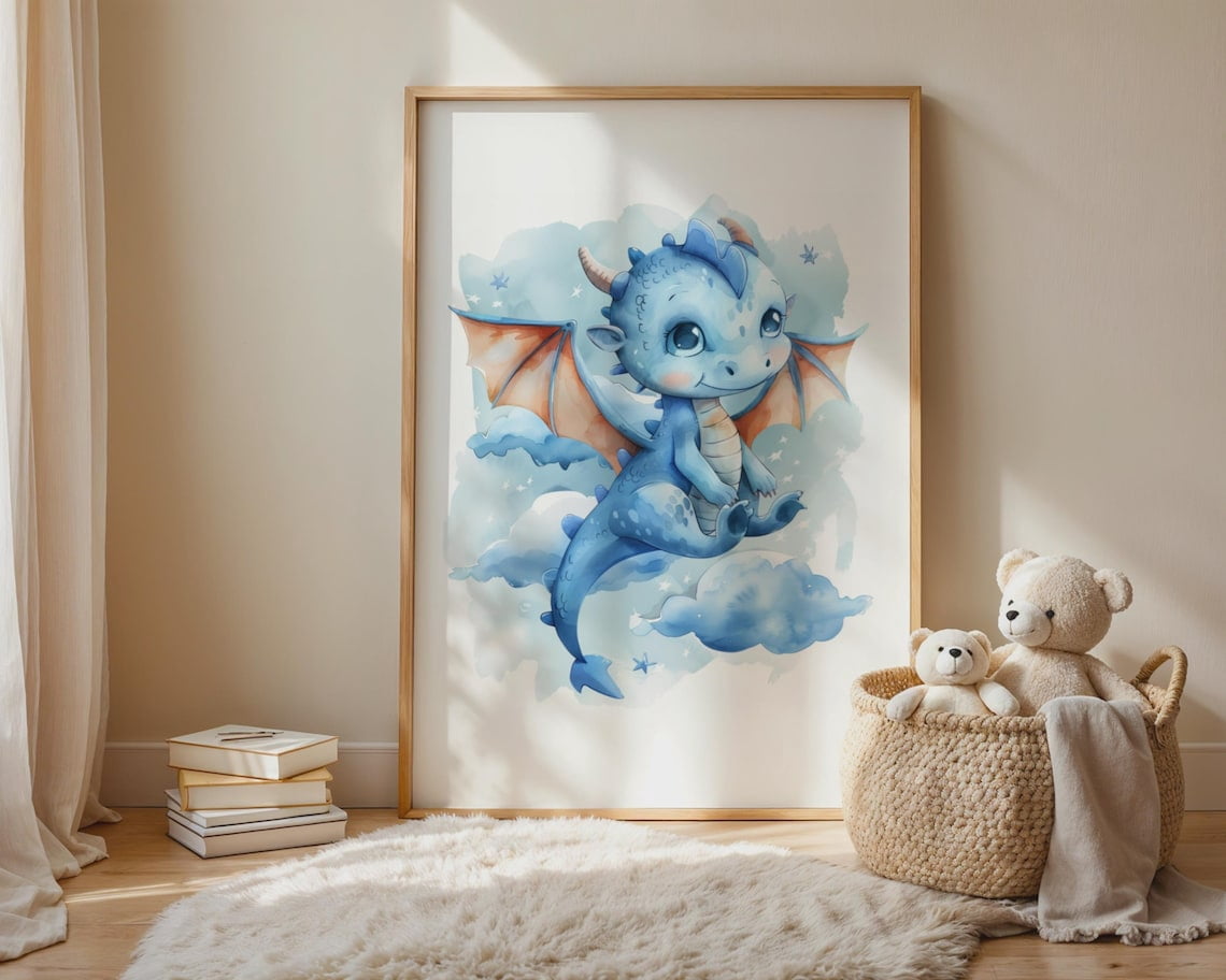 Blue Baby Dragon Nursery Art, Whimsical Fantasy Print, Orange Wings ...
