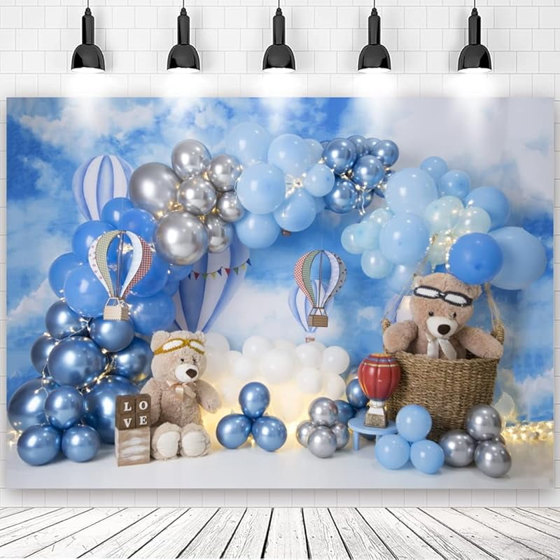 Blue Baby First Birthday Beautiful Backdrop Boy Girl Gold Balloons Bear ...