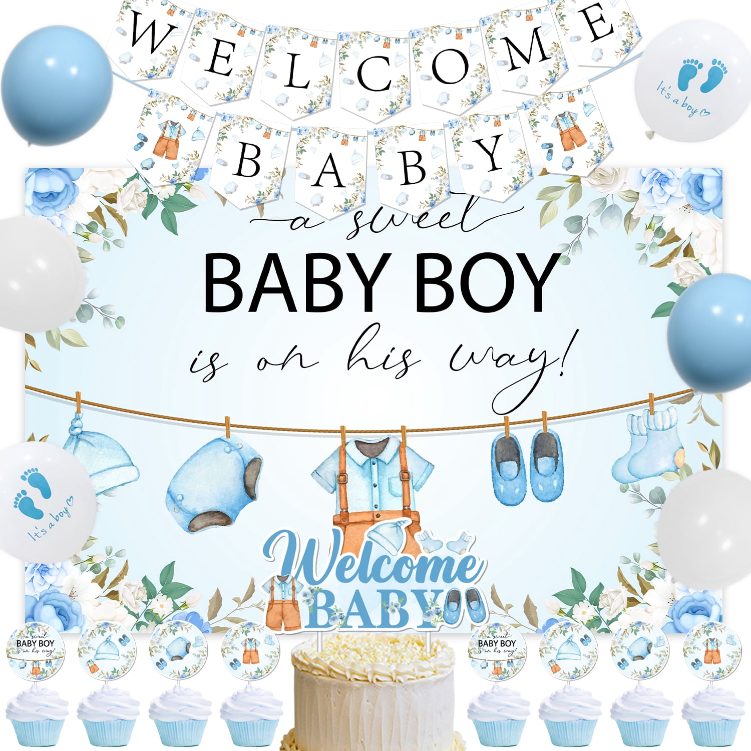 Blue Baby Laundry Clothes Boho Theme Baby Shower Background Cloth Set ...