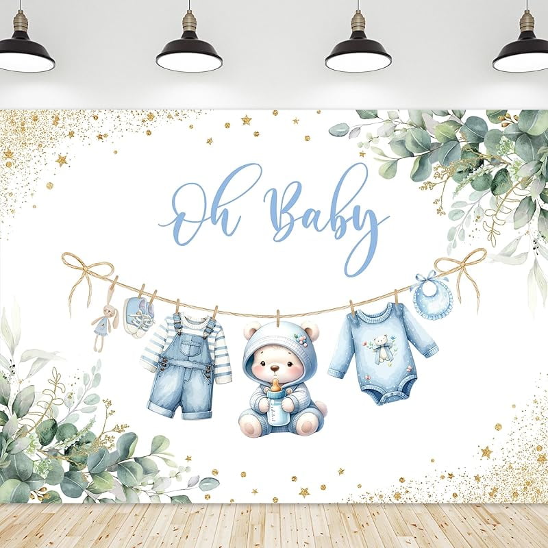 Blue Baby Shower Backdrop Cartoon Cute Boy Bear Boho Sage Green ...