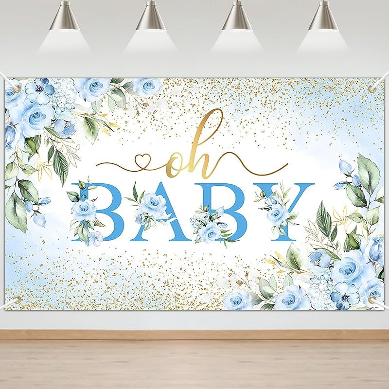 Blue Baby Shower Backdrop Greenery Oh Baby Background Green Eucalyptus ...