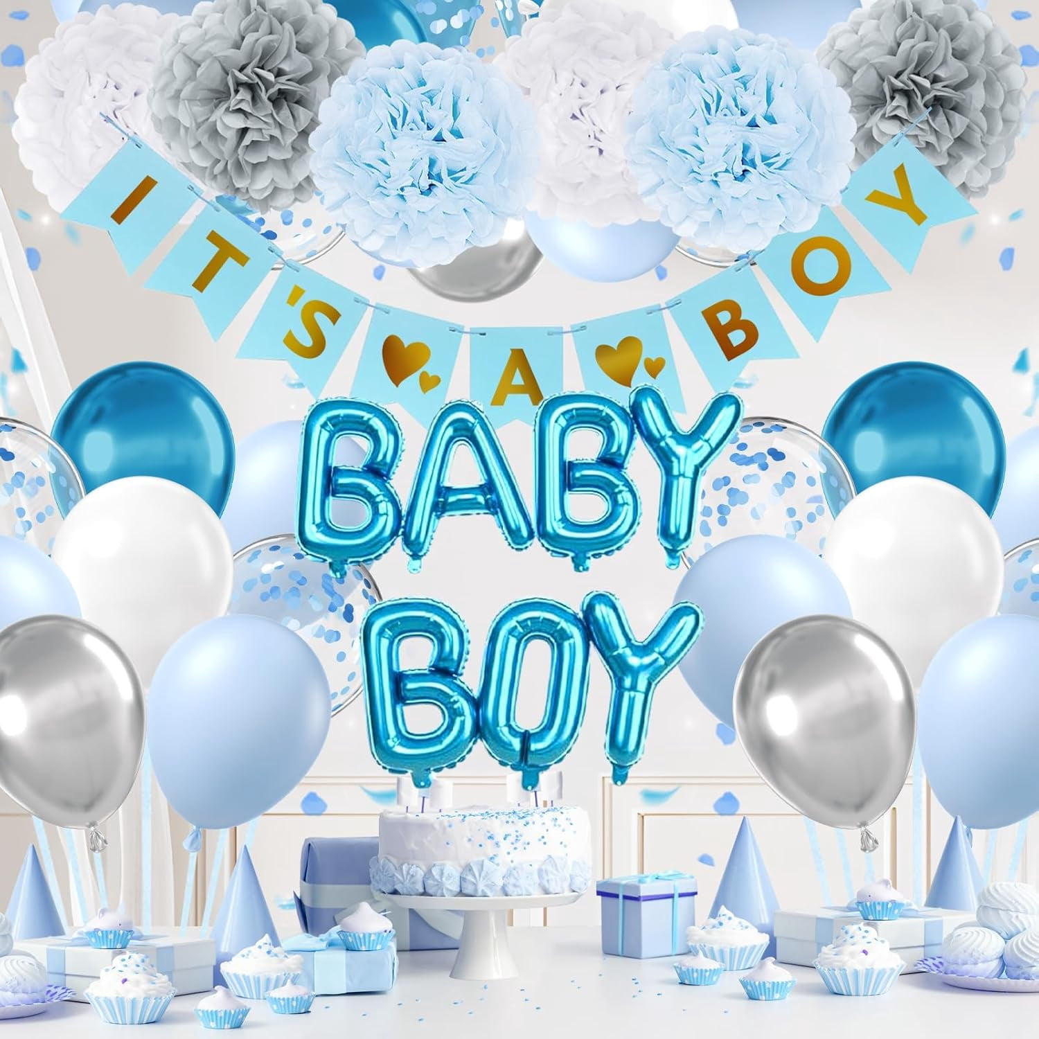 Blue Baby Shower Decorations with Grey Paper Pom Poms Metallic Silver ...