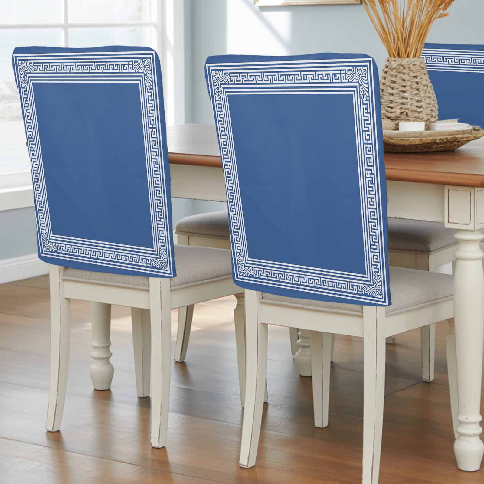 Blue Back Pattern Retro Greece Chair Covers Set of 4 Abstract Geometric ...
