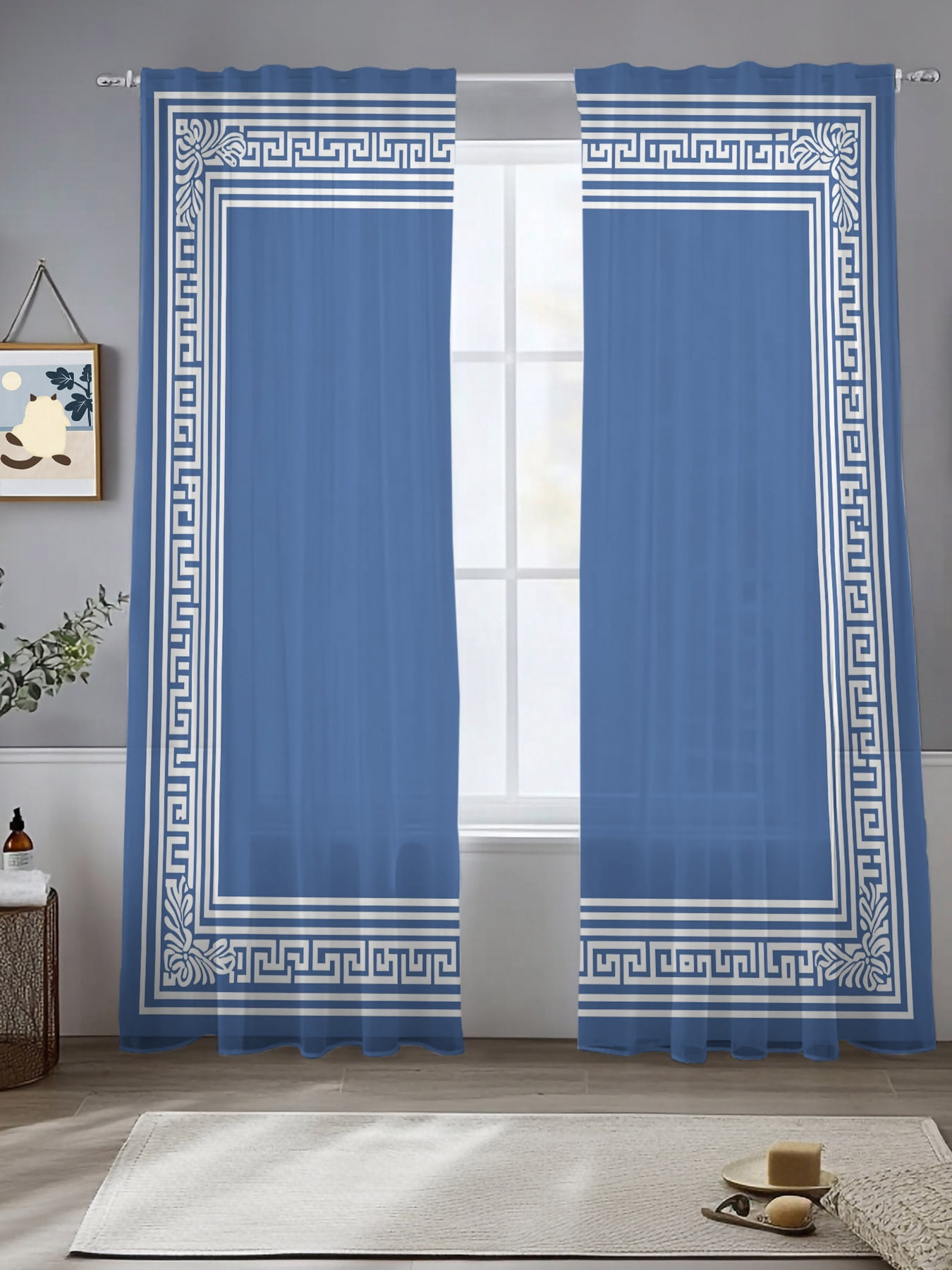 Blue Back Pattern Retro Greece Chiffon Sheer Curtains 84 Inches Long ...