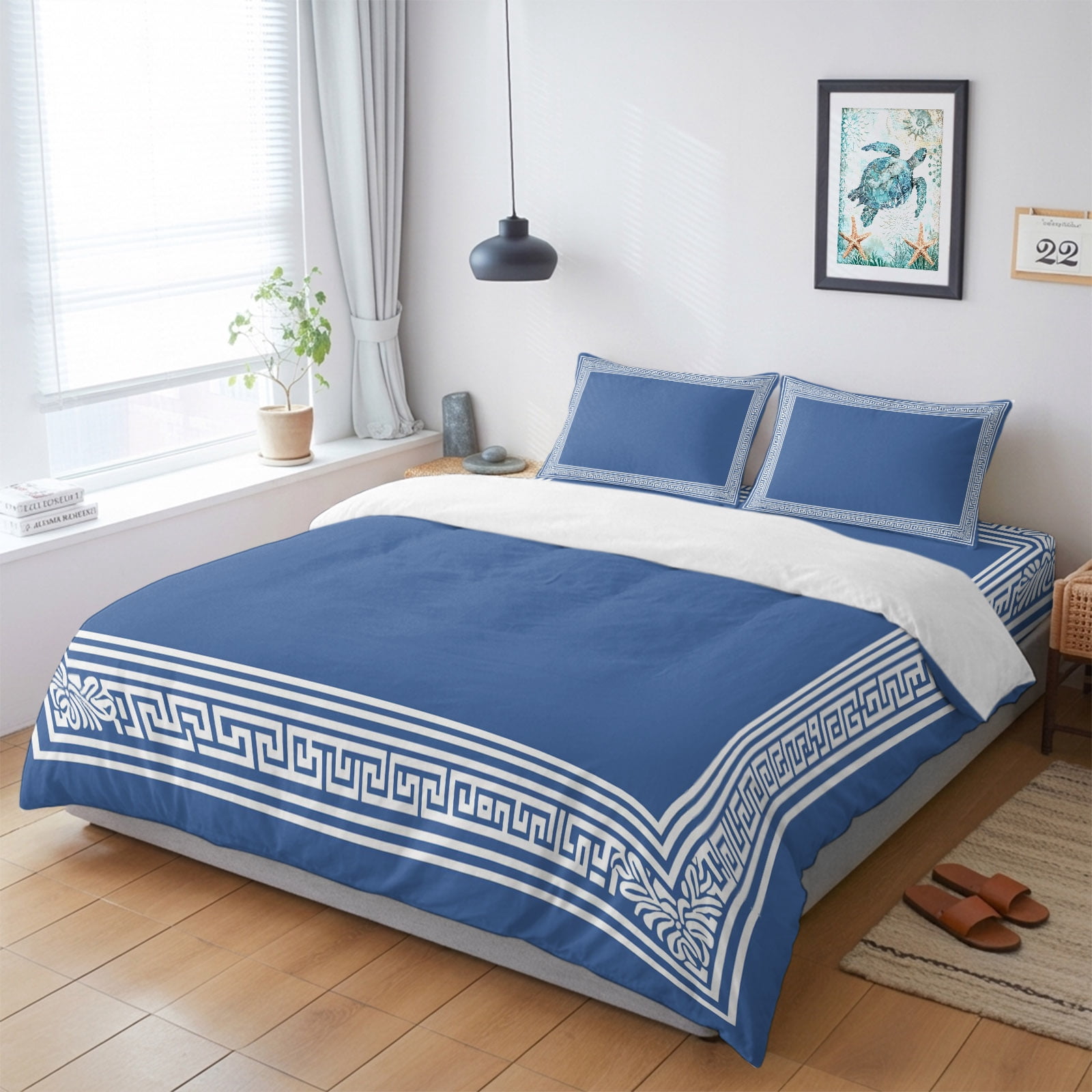 Blue Back Pattern Retro Greece King Size Bed Set,Abstract Geometric ...