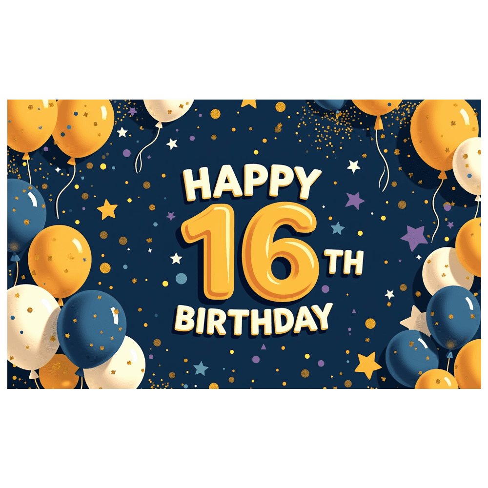 Blue Backdrop Happy 16th Birthday Banner with Balloons Stars and Hearts ...
