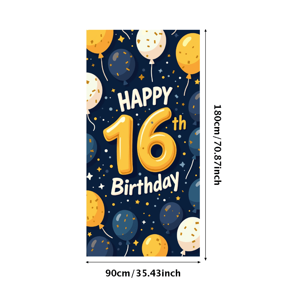Blue Backdrop Happy 16th Birthday Banner with Balloons Stars and Hearts ...