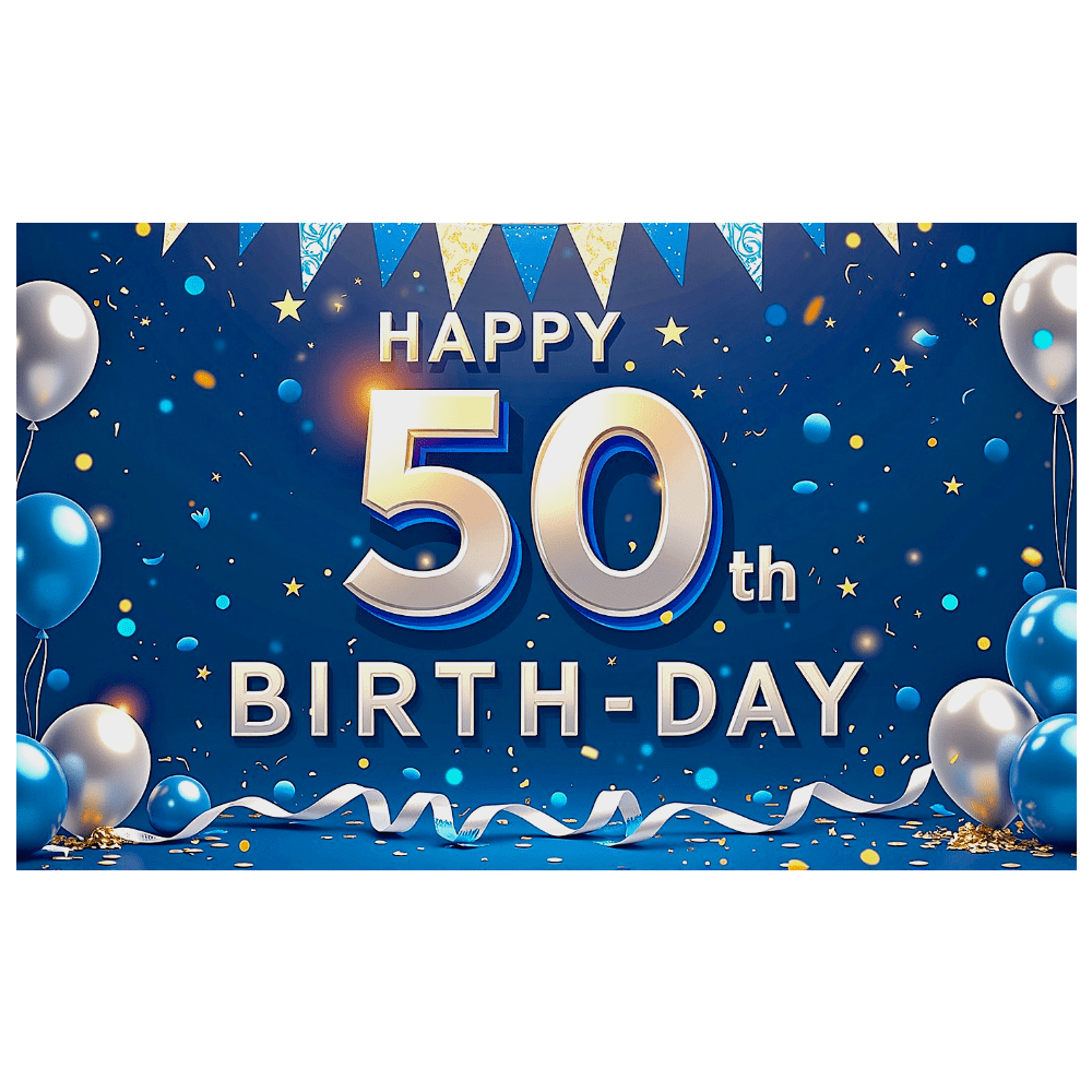 Blue Background 50th Birthday Party Banner with Glittery Stars Balloons ...