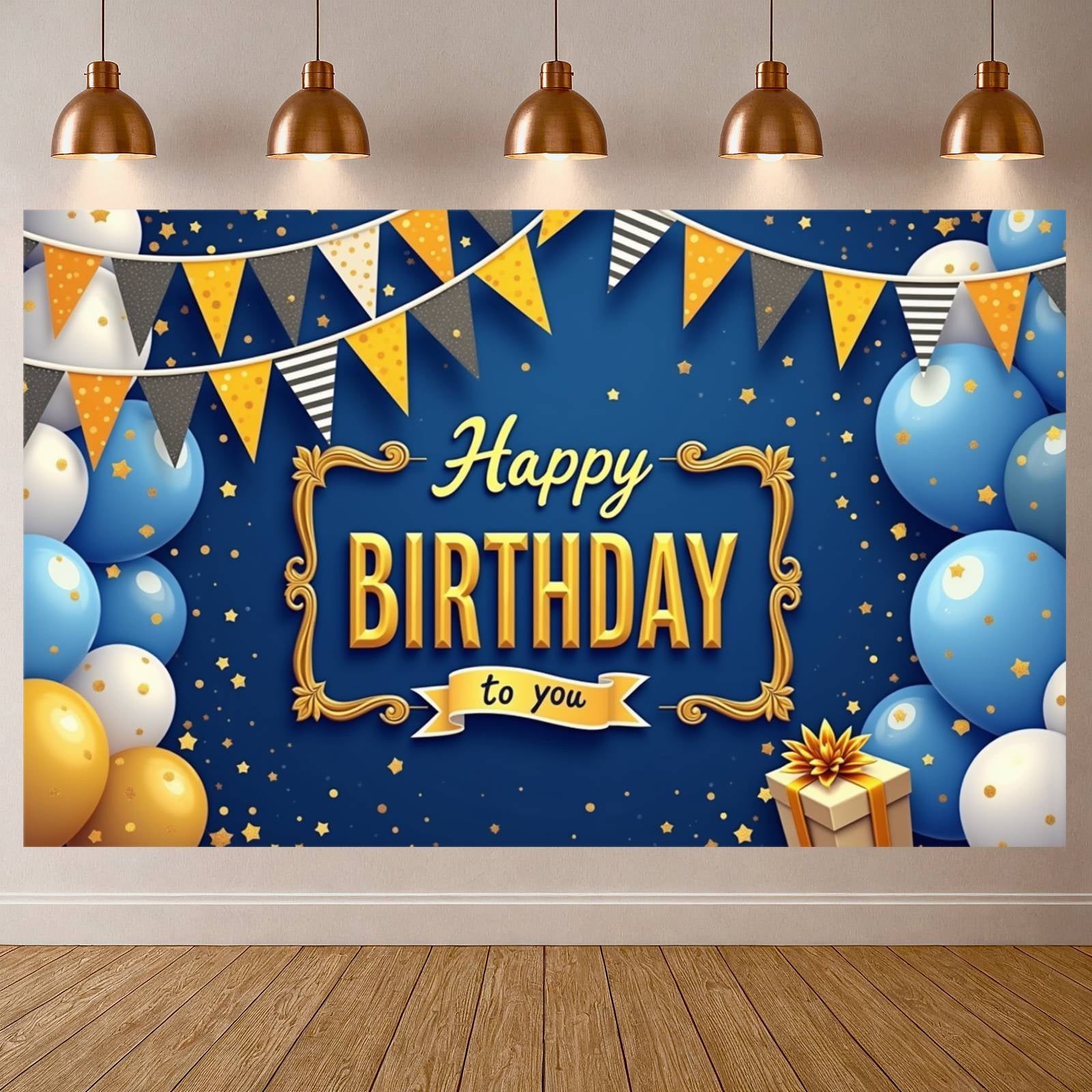 Blue Background Banner Golden Lettering Birthday Party Display Colorful ...