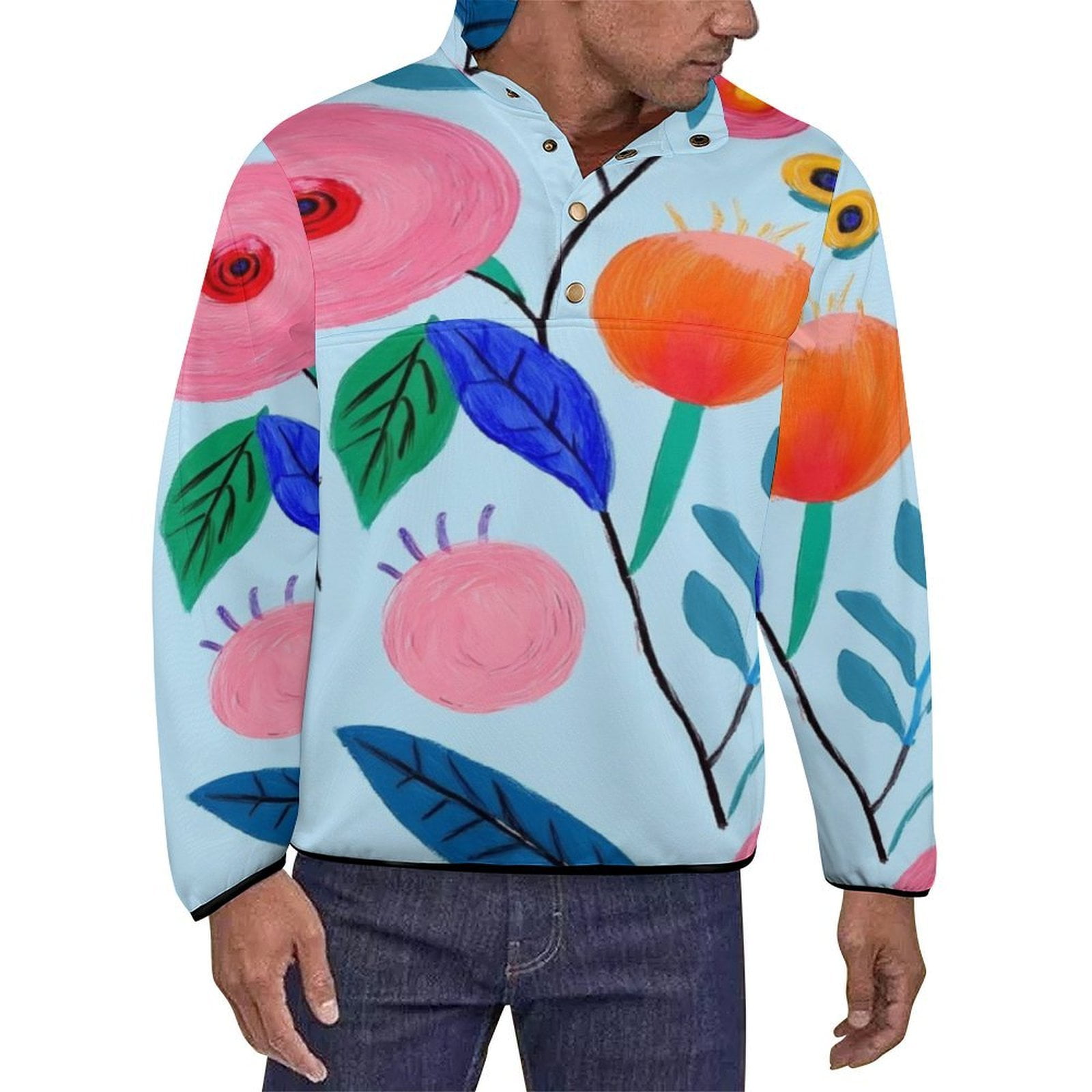 Blue Background Colorful Floral Design Men's Stand Collar Sweater Long ...